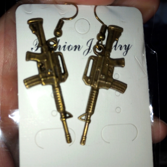 Jewelry | New Awesome Antique Bronze Machine Gun Dangling Earrings ...